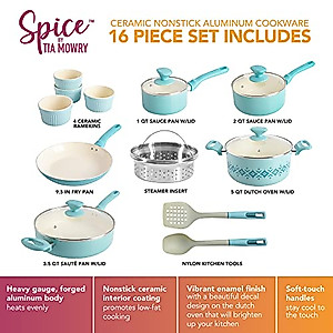 Spice by Tia Mowry Savory Saffron 16-Piece Healthy Nonstick Ceramic Cookware Set - Aqua Blue