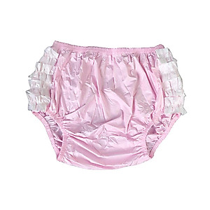 Haian Adult Frilly Plastic Rumba Incontinence Pull-on Plastic Pants with White PVC Frilly (Medium, Baby Pink)