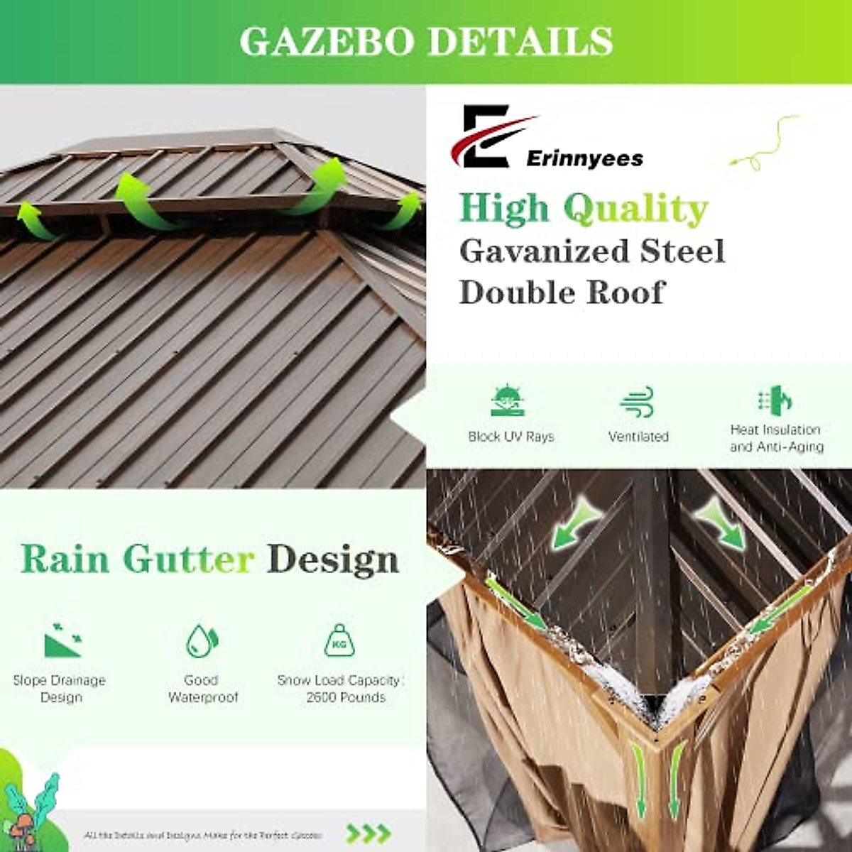 Erinnyees 12' x 16' Aluminum Wood Grain Hardtop Gazebo, Outdoor Aluminum Double Roof with Privacy Curtain and Mosquito Net for Patio, Lawn, Garden, Backyard(Wood Looking)