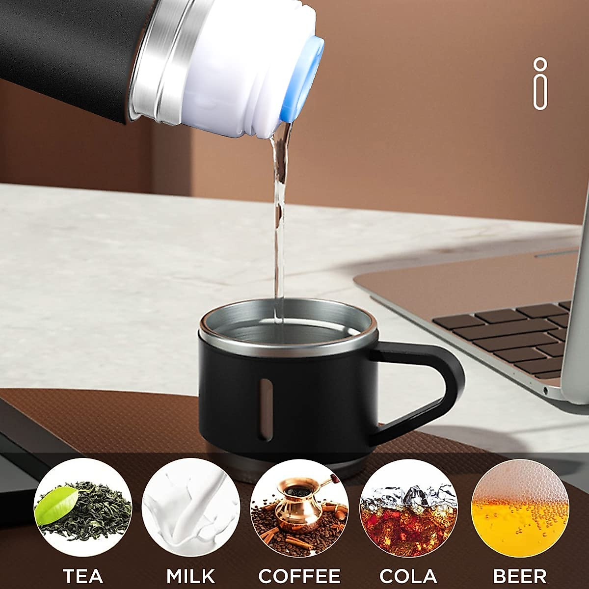 Coffee Thermos Stainless Steel Vacuum-Insulated Water Bottle, 500ml/16.9oz Insulated Bottle with Cup for Hot & Cold Drink Travel Mug (Black, Three Cup)