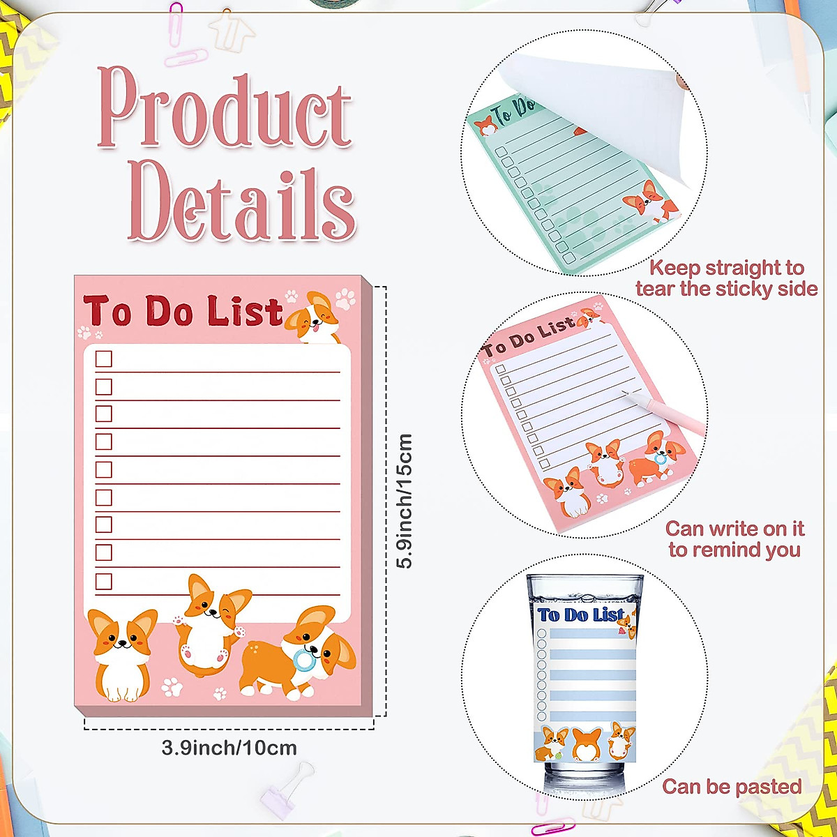 Geyee 4 Pads Corgis Sticky Notes Notepad Corgi Gifts for Dog Lovers, 200 Sheets to Do List Sticky Notepads Funny Kawaii Welsh Dog Butt Humor Notebook Cute Notes with Lines Supplies, 4" x 6"