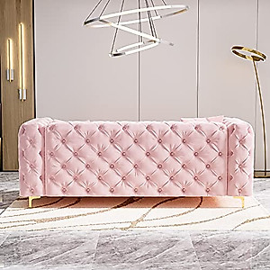 DAMAIFROM 79 Inch Sofa Couch Modern Velour Upholstered Couch Contemporary Tufted Velvet Casual Sofa High Arm and Metal Gold Legs Decor with 2 Piilows Big Comfy Couch Sofas for Living Room(Pink)