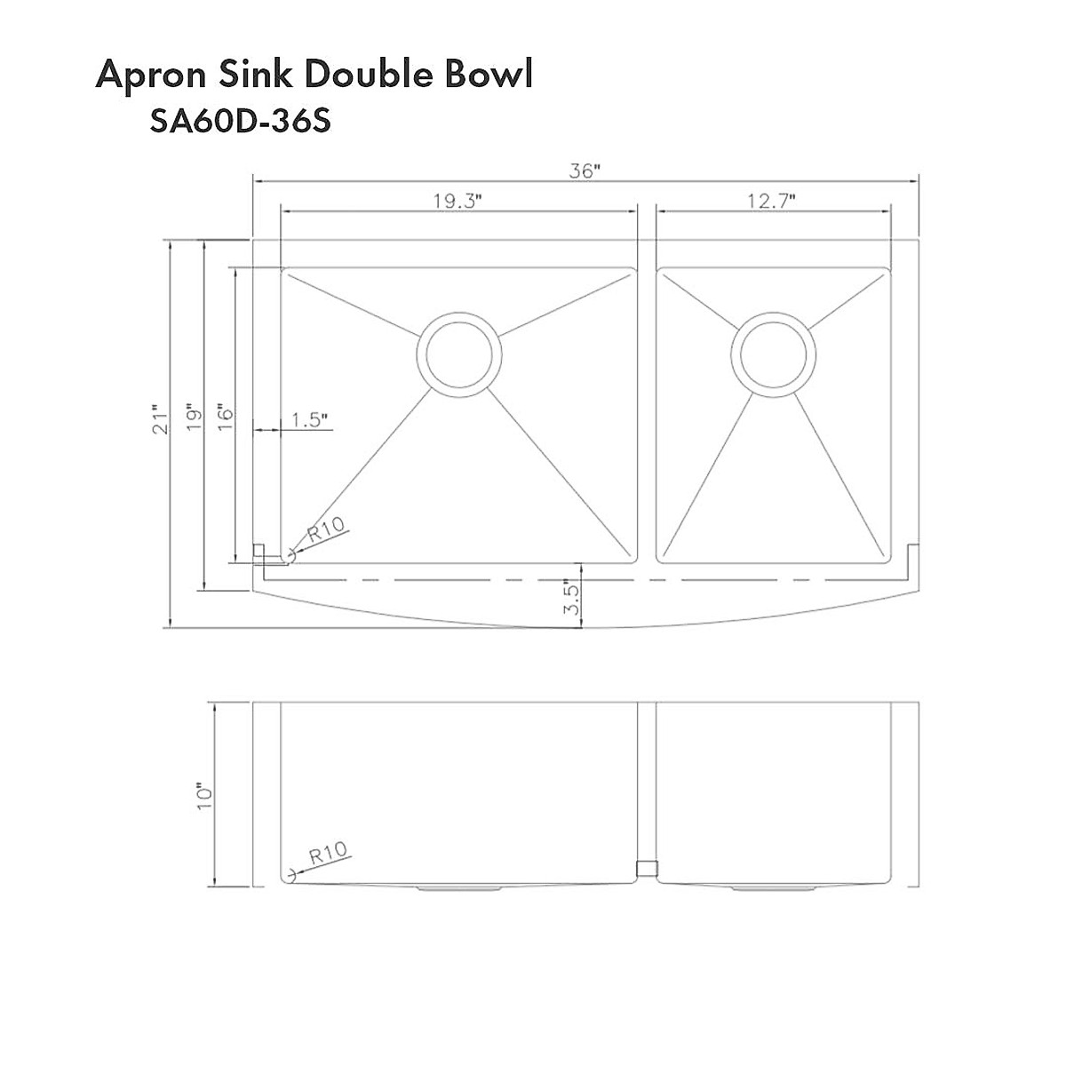 ZLINE 36" Courchevel Farmhouse Apron Mount Double Bowl Scratch Resistant Stainless Steel Kitchen Sink with Bottom Grid (SA60D-36S)