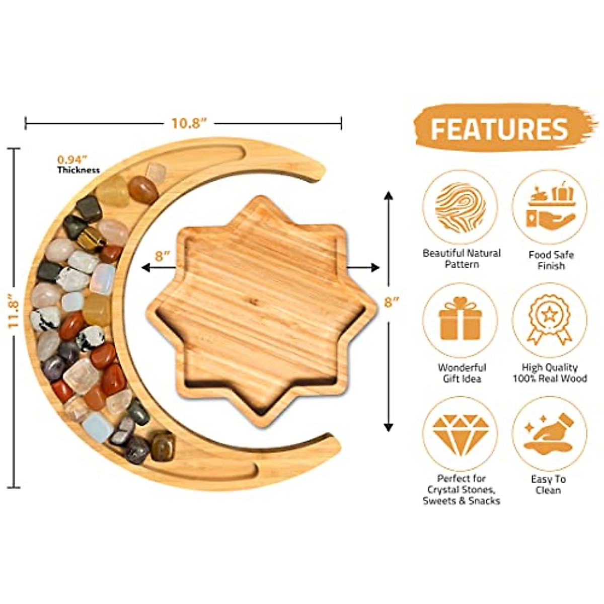 Suqoon Wooden Crescent Moon & Star Tray - Crystals & Stones Holder - Exquisite Serving Tray Set for Appetizers, Cookies - 11.5 inch Crescent Moon Tray for Healing Crystals Storage & 8 inch Star Tray