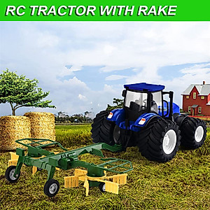 RC Truck Farm Tractor with 2 Rechargeable Batteries - 2.4G 1/24 High Simulation Construction Vehicle with Dual Rotary Swath Windrower，Remote Control Toy with Lights, Hobby Model Toys for Kids 3-6