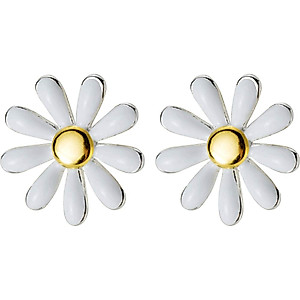 Flower Earring Stud, Mariafashion Sterling Silver Two-Tone White Daisy Flower Earrings Hypoallergenic Post Earrings for Women Girls Kids