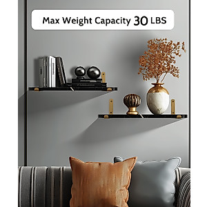 Godimerhea Floating Shelves for Wall Set of 2 Gold Black Floating Shelves Wall Mount Wood Storage Organzier Wall Shelf with Gold Brackets for Living Room Bedroom Bathroom Kitchen