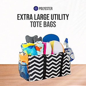 Lucazzi Extra Large Utility Tote Bag - Oversized Collapsible Reusable Wire Frame Rectangular Canvas Basket With Two Exterior Pockets For Beach, Pool, Laundry, Car Trunk, Storage - Chevron Black