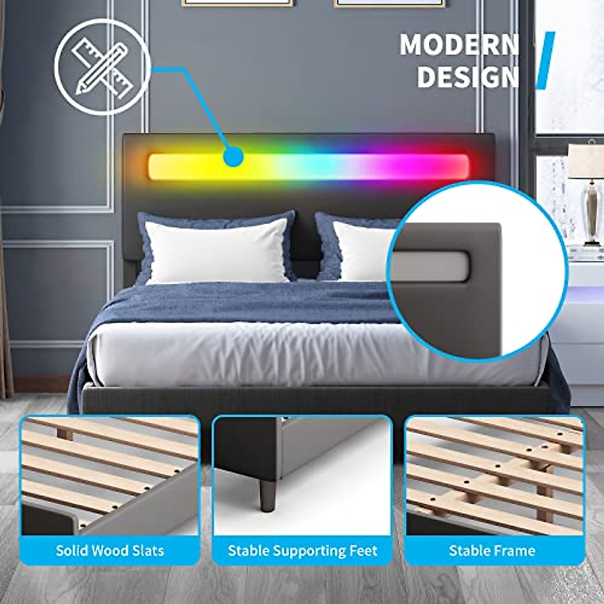 Mjkone Queen Size Bed Frame, LED Bed Frame with Smart RGB LED Light Bar, Works with Alexa or Apps, Platform Bed with Adjustable Lighting, Upholstered Bed Frames with Headboard, No Mattress, Black