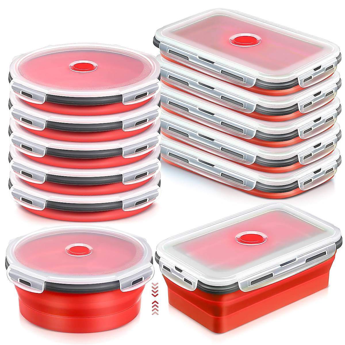 Dandat 10 Pcs 27 oz Large Silicone Collapsible Food Storage Containers with Airtight Lids Stacking Meal Lunch Containers for Kitchen, Travel, Microwave Freezer Dishwasher Safe(Grey, Red)