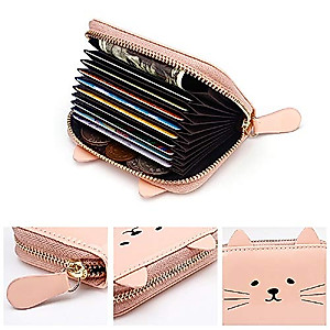 JIUFENG Women's RFID Blocking Wallet Cute Cat Printed Zipper Coin Purses Multi Purpose Card Holder Fashion Small Wallet (Black)