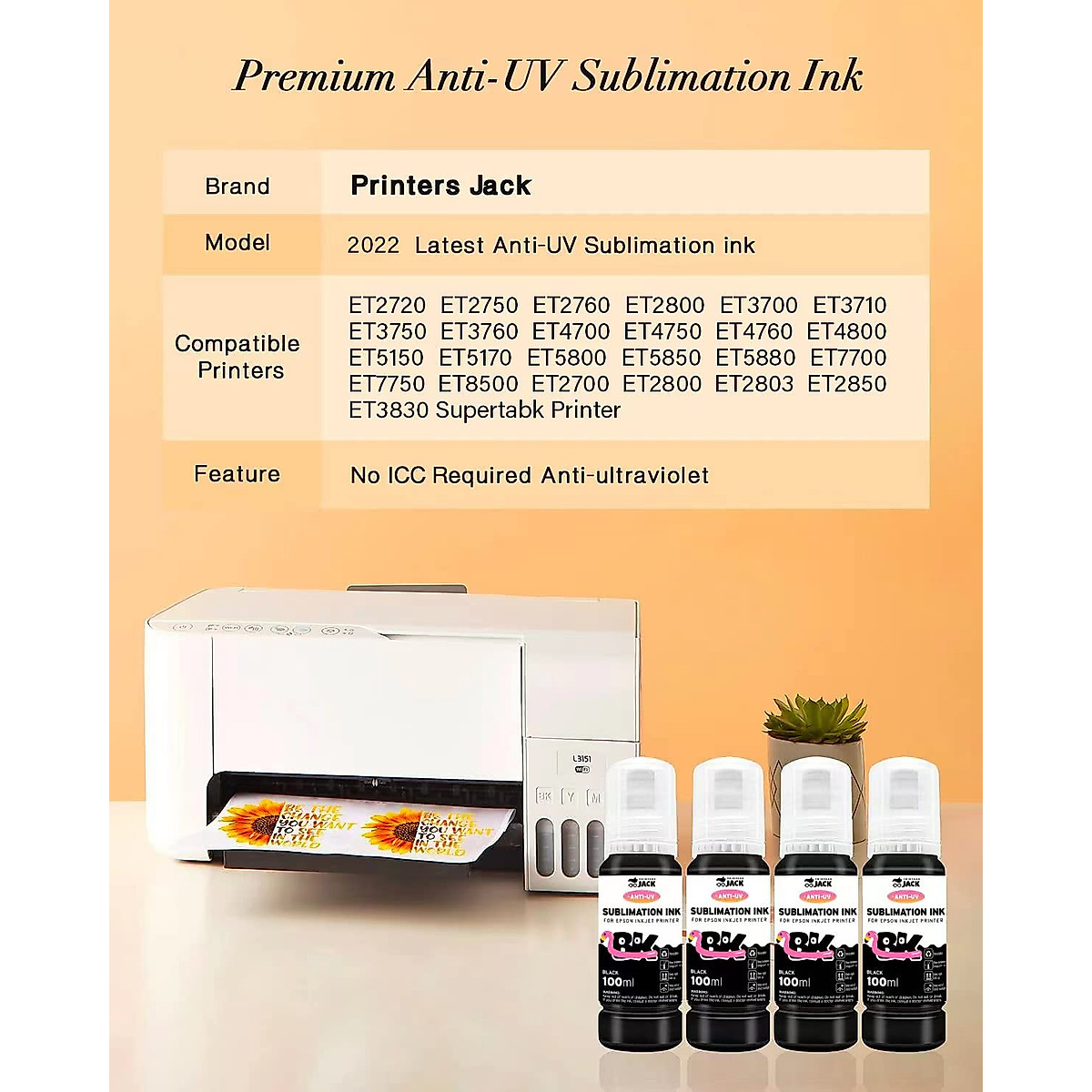 Printers Jack Black Sublimation Ink Refill for Supertank Printer ET-2720 ET-2760 ET-2750 ET-4700 ET-3760 400ml/Anti-UV/Upgrade Version/ICC-Free