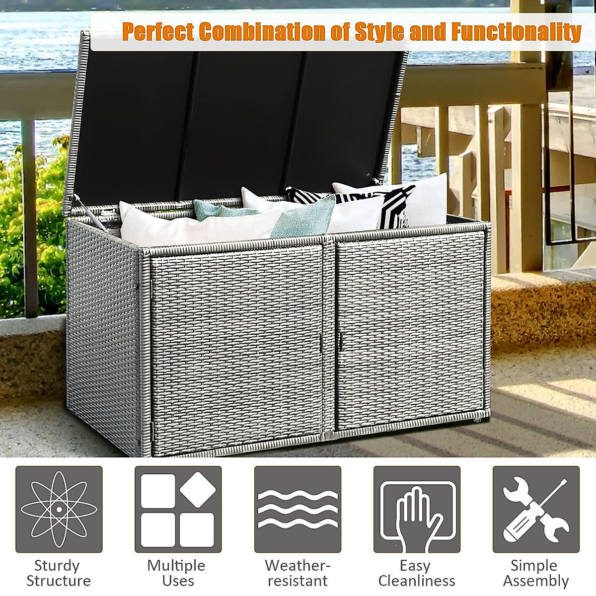 DORTALA Storage Box Patio Wicker Storage Bin Deck Box Cabinet w/Steel Frame, Deck Storage Container w/88 Gallon Capacity and Shelf for Furniture Tools in Garden Balcony Porch Yard, Gray