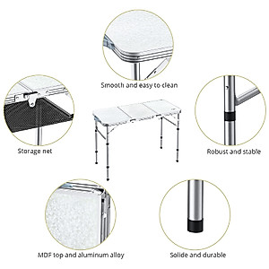 Anbte Camping Folding Table, 3ft Camping Table Aluminum Folding Table with 3 Adjustable Height Max 27.5 inch 35"X16" Portable Picnic Table Foldable Table with Storage Net for Outdoor Backyard BBQ
