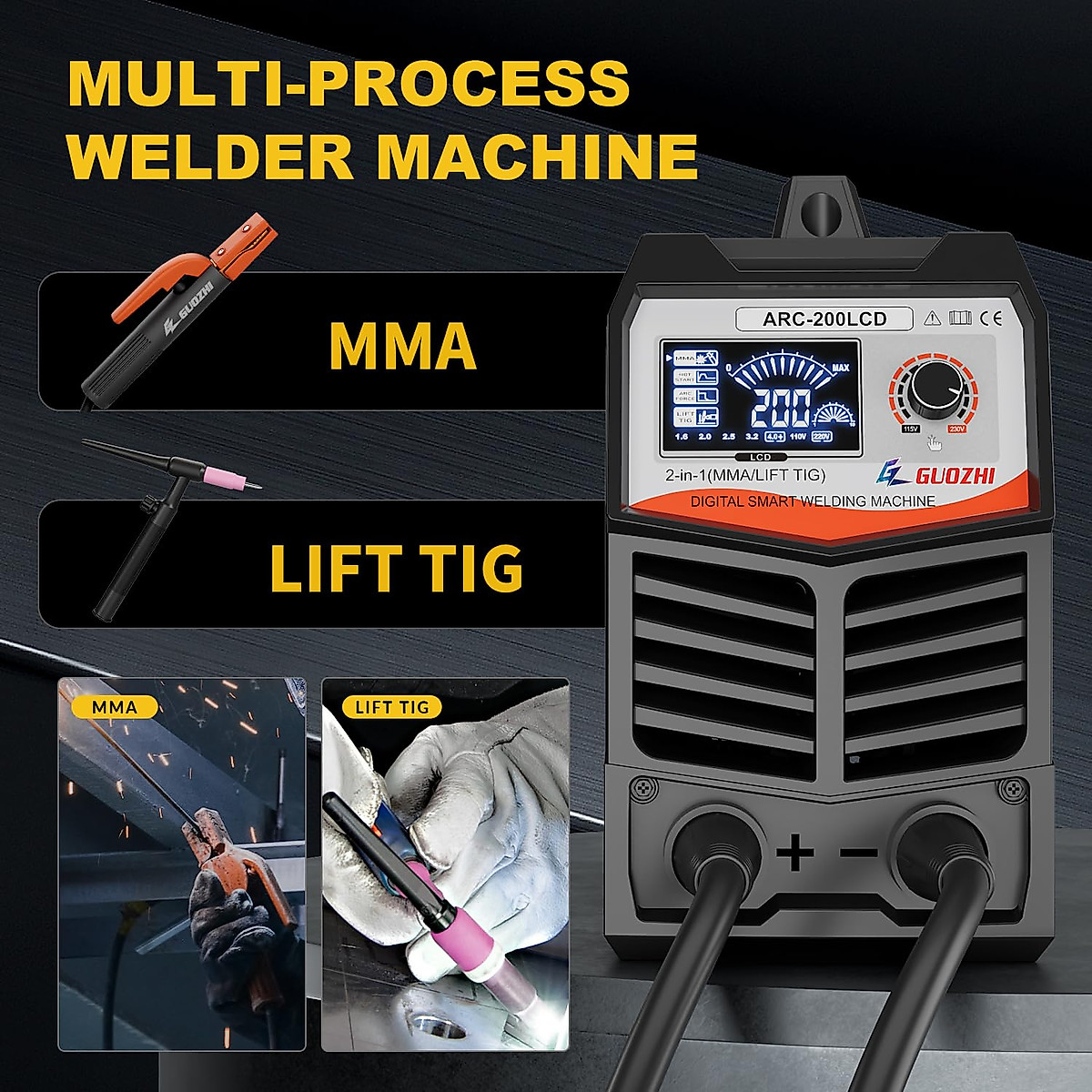 GZ GUOZHI Stick Welder, Actual 200A ARC/Lift TIG 2 in 1 Welder Machine with Large LCD Display, 110V/115V or 220V/230V Portable MMA Welding Machine with Synergic, Hot Start Arc Force Anti-Stick Welder