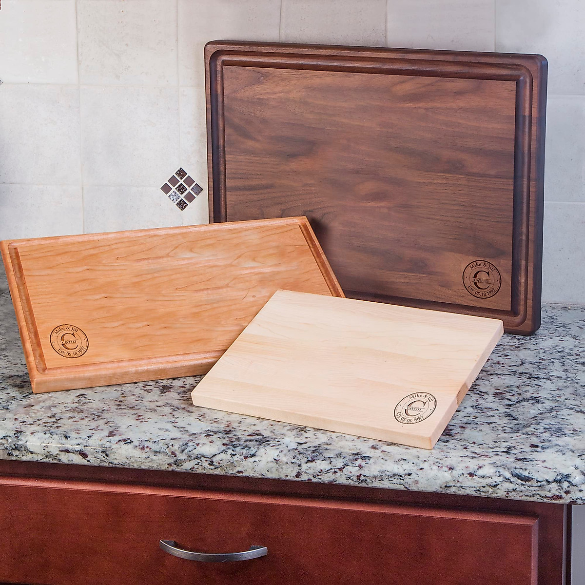 Personalized Wood Monogram Cutting Board - Custom Maple, Cherry and Walnut Cutting Boards for Wedding, Couples Anniversary, Housewarming Gift - Engraved and USA Made Customized Kitchen Decor Gifts
