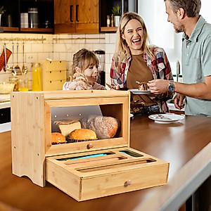 Bamboo Bread Box with Storage Bags Organizer, Corner Bread Box for Kitchen Countertop, Bread Box for Homemade Bread with Window, Bamboo Kitchen Zip Baggie Organizer for Drawer, Pantry Counter Corner