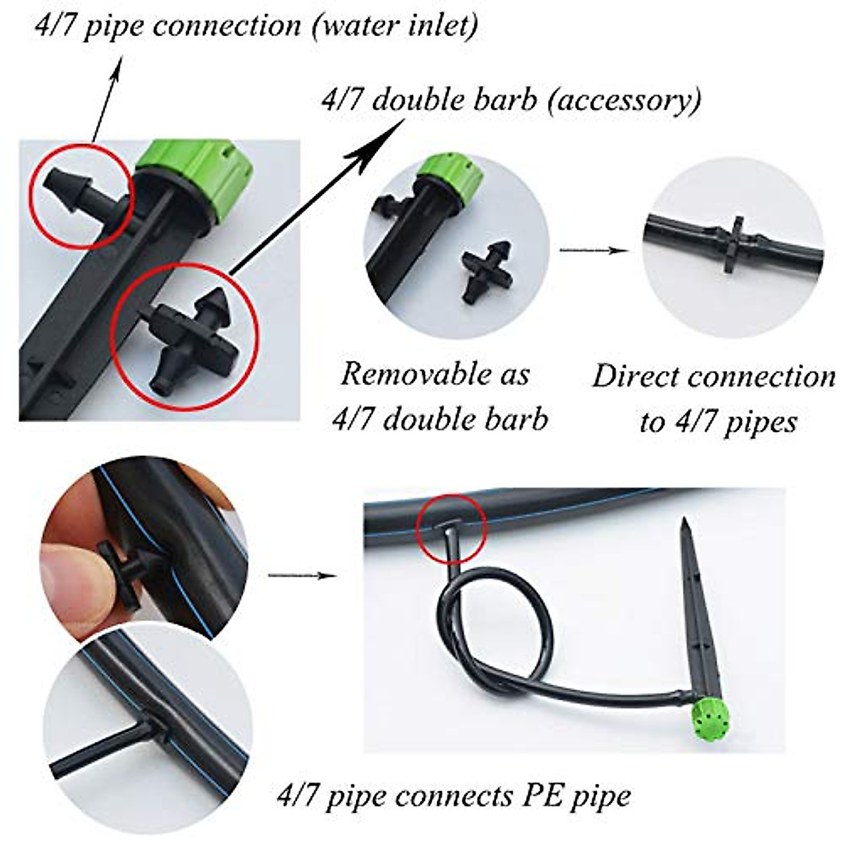 Kalolary 100PCS Green Irrigation Drippers Drip Emitters, Micro Spray Adjustable 360 Degree Full Circle Pattern Water Flow Sprinkler Fits 1/4 (4-6mm) Irrigation Tubing for Garden Irrigation