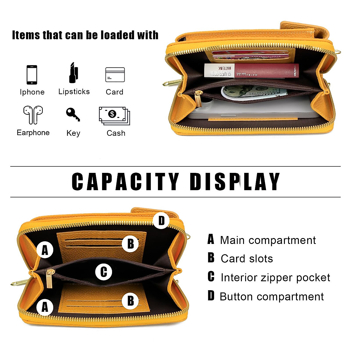 Eamom Cell Phone Wallet Womens Crossbody Purse Leather Slim Wallet for Women Cash Wallet Clutch Wallet Cell Phone Crossbody Bags (Yellow)