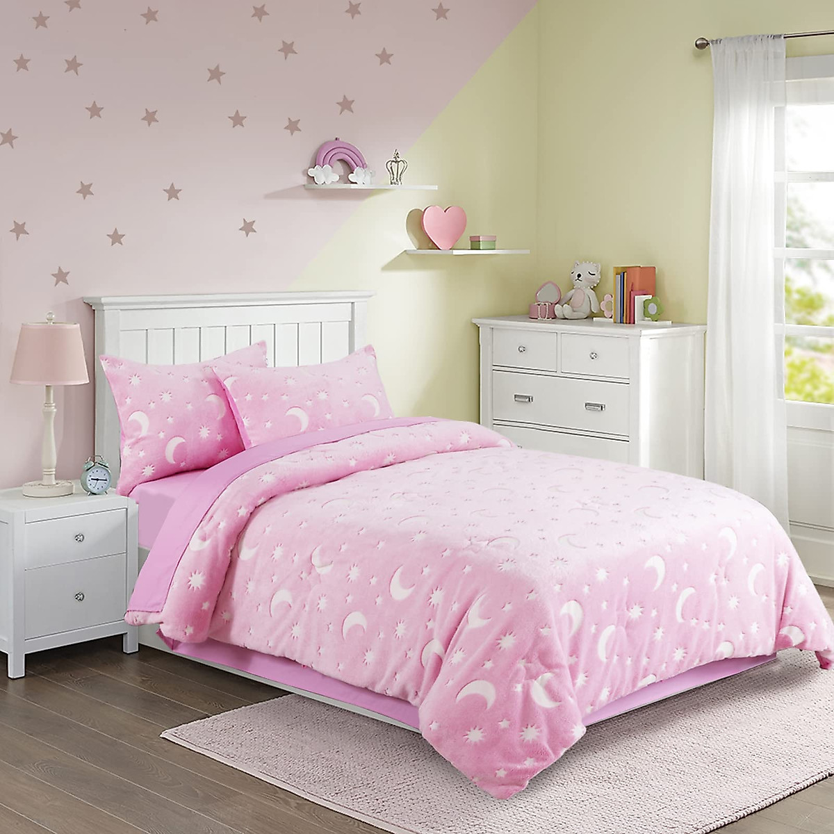 HOMBYS Glow in The Dark Comforter Set 5 Piece Twin/Twin XL with Sheets, Pink Velvet Bedding Comforter Sets for Twin Bed, Ultra Soft Down Alternative Comforter for Teenage Girls Kids, Bed in a Bag