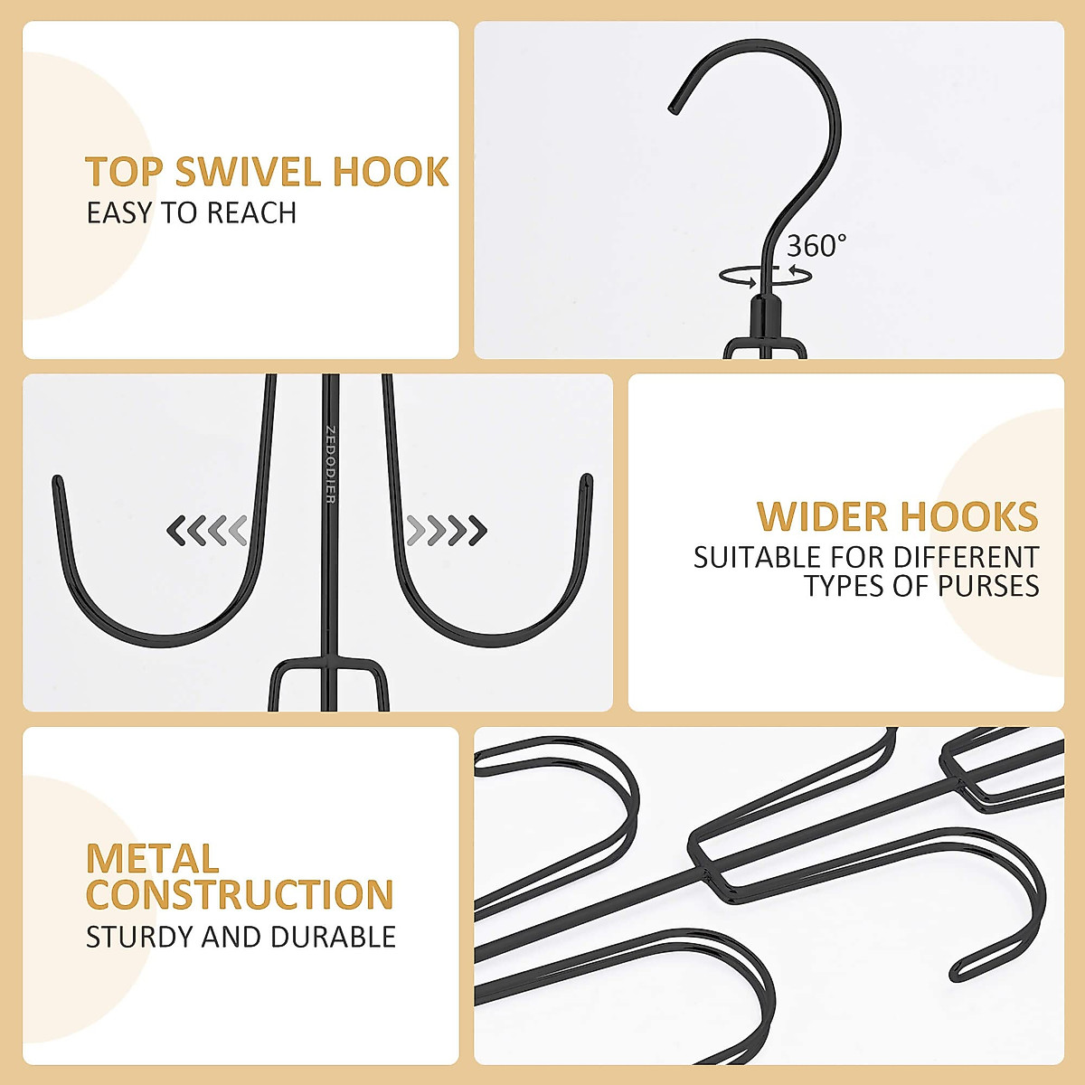 ZEDODIER Purse Hanger Organizer for Closet, 2 Pack Rotatable Hanging Bag Holder, Keeping Purses Visible and in Good Condition, Metal Handbag Storage Hook Backpack Rack Space Saving Hanger, Black