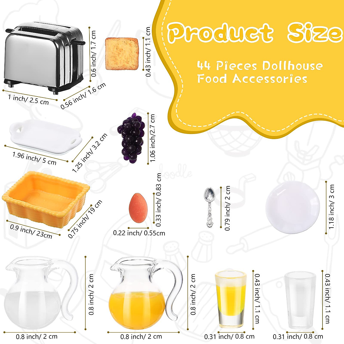 44 Pieces 1:12 Dollhouse Miniature Breakfast Kitchen Accessories Mini Toast Machine Bread Juice Milk Eggs Cups Fruits Plates Knife Fork Spoons for Dollhouse Kitchen Scene and Cake Topper Decor