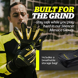 Storelli Silencer Menace Goalkeeper Gloves, Soccer Goalie Gloves for Youths & Adults, Roll-Negative, Hybrid Gloves with Removable Finger Spines, Black & Yellow, Size 9