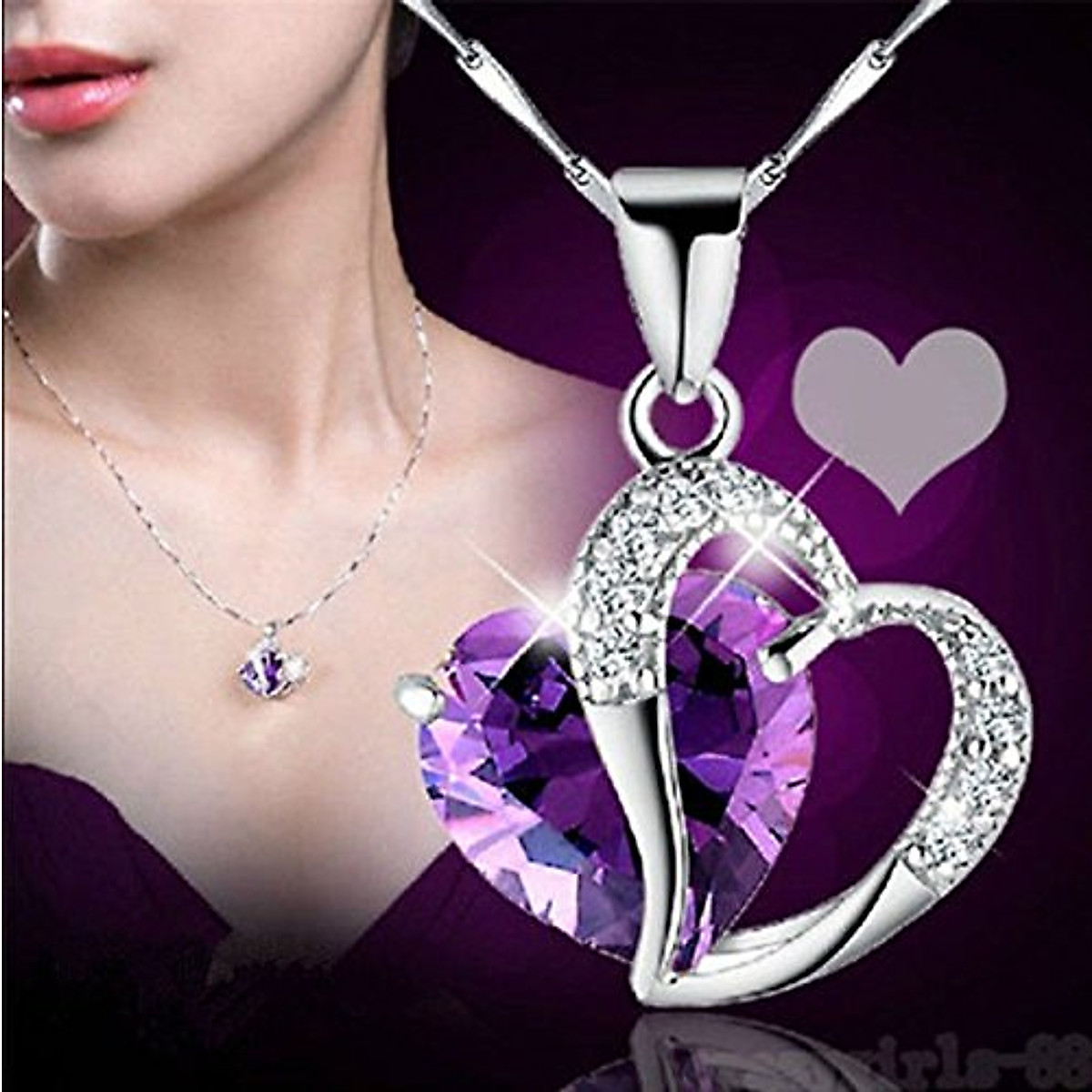 Lutos Heart Silver Plated Crystal Diamond Gem Pendant Hollow Silver Chain Necklace Shinning Jewelry for Girl Women