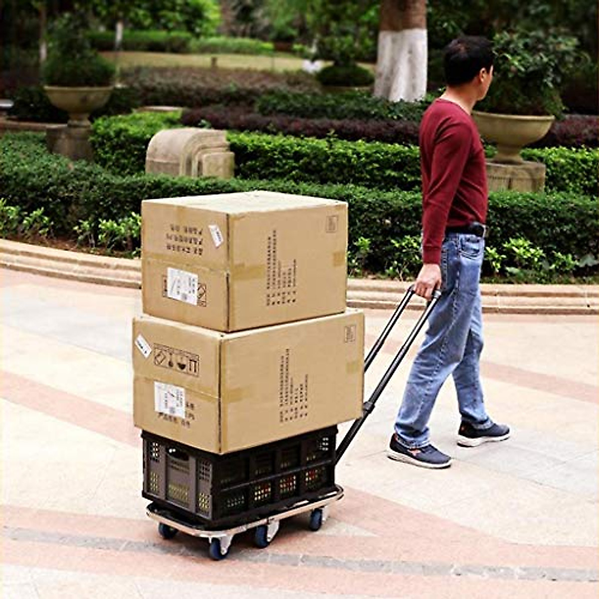 Generic Trolley Stainless Steel Tray Retractable Folding Cart 6 Wheels with Universal Wheels Hand Trucks Household Warehouse Heavy Duty Hand Trucks (Color : Without Brake, Size : 68 * 38 * 56-104cm)