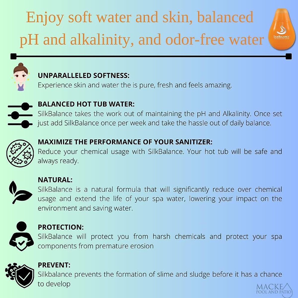 Macke Pool & Patio Silk Balance hot tub solution 76oz or 38oz, Oil-Absorbing Sponge for Spas, Natural Treatment to Keep pH Alkalinity Balanced Tubs, Spa, SILKBALANCE Water Care (38oz)