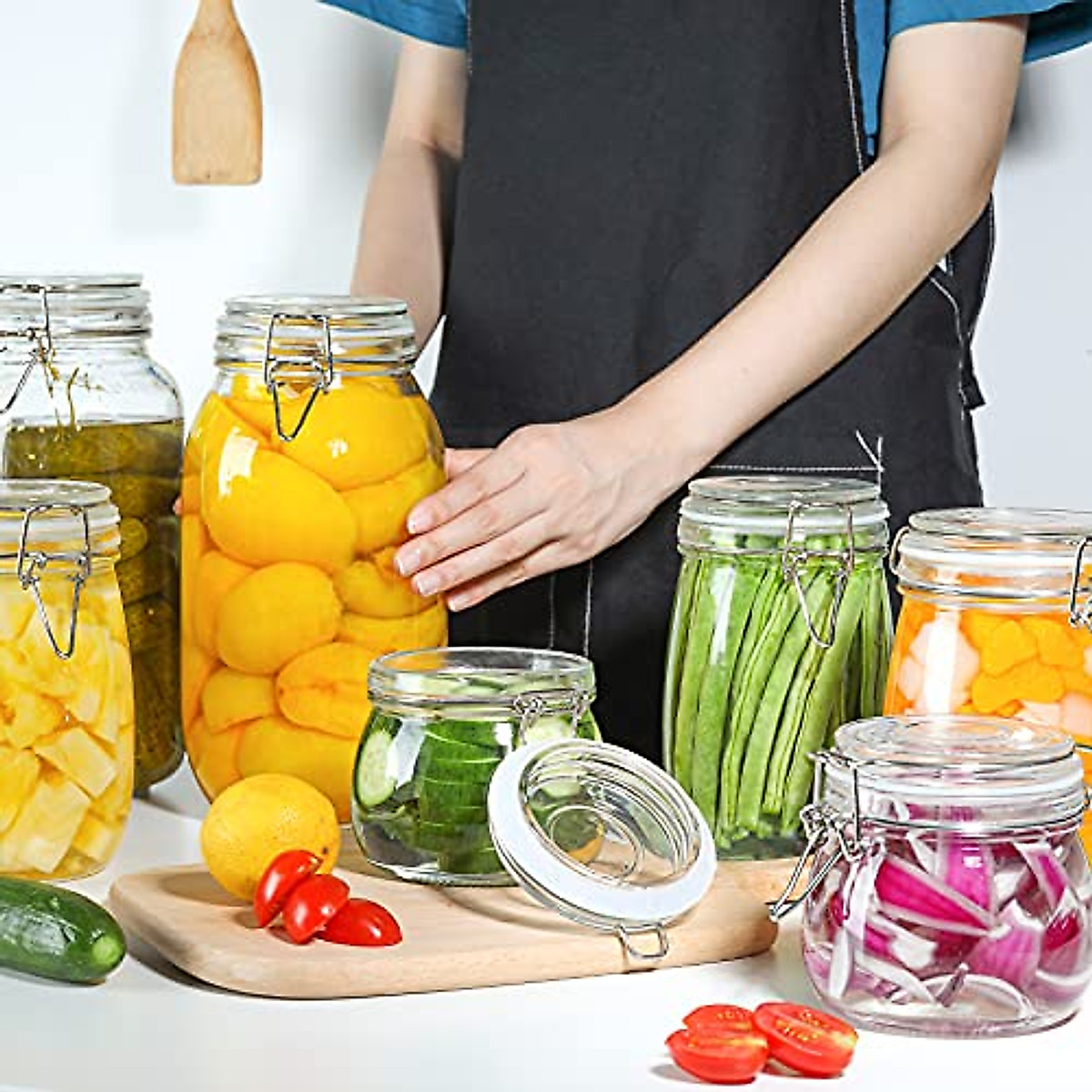 ComSaf Airtight Glass Canister Set of 6 with Lids 17oz Food Storage Jar Round - Storage Container with Clear Preserving Seal Wire Clip Fastening for Kitchen Canning Cereal,Pasta,Sugar,Beans,Spice