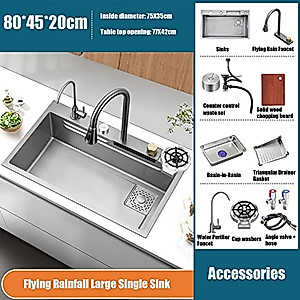 Kitchen Sink Stainless Steel Flying rain Waterfall Sink Household Sink, Dishwasher Single Sink Workstation Kitchen Sink bar Sink with Pull-Out tap, Chopping Board, Cup Washer (Color : Grey, Size : 8