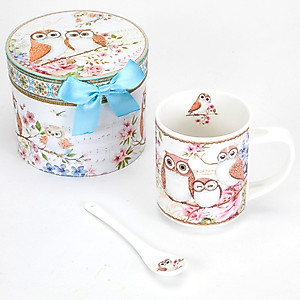 Bits and Pieces - 10 OZ Owl Mug with Teaspoon - Coffee and Tea Mug Comes in Beautiful Gift Box