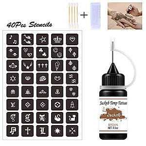Jacknb Temporary Tattoo Kit Freehand Ink Semi Permanent Tattoo Jagua Gel 40 Pcs Free Stencils DIY Fake Freckles Temp Tattoos for Women Kids Men - Full Kit 4 Bottles