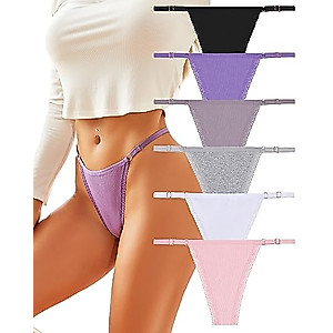FINETOO Adjustable G String Thongs for Women Cotton Underwear Low Rise T-back Sexy Tangas Lace Trim Breathable 6 Pack S-XL