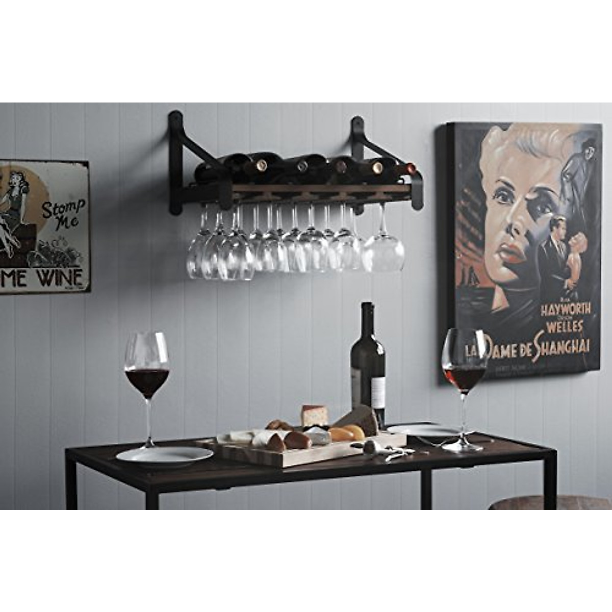 Rustic State Barrel Wall Mounted Wine Rack with Cork Opener - 5 Bottle 15 Stemware Glass Holder Storage - Wood Floating Glassware Shelf Organizer - Kitchen Dining Room Bar Décor - Walnut