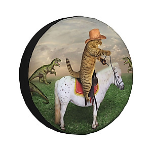GTEVUTS Cowboy Cat and Dinosaur Spare Tire Cover for Rv Trailer Camper Funny Tire Covers Polyester Wheel Cover Wheel Protectors Universal Fit for Car Truck Travel SUV,14 inch