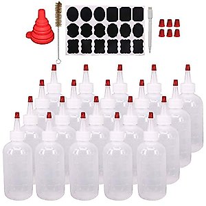 Belinlen 20 Pack 6-Ounce Plastic Squeeze Bottles with 20pcs Red Tip Caps and Measurement - Good for Crafts, Art, Glue, Multi Purpose Set of 20 with Extra 6 Red Cap 36 Chalk Labels and 1 Pen