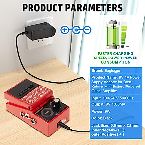 9V AC Power Supply Adapter for Boss Katana-Mini Battery Powered Guitar Amplifier Replaces Boss PSA-120S Guitar Distortion Effects Pedal DS-1 RC-1 RC-3 TU-2 PSB-1U PSB1U Charger Cable Cord (6.5 ft)