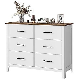 HOSTACK 6 Drawer Double Dresser, White Dresser, Wide Chest of Drawers, Wood Storage Dresser Chest Organizers for Living Room, Entryway, Hallway, White/Rustic