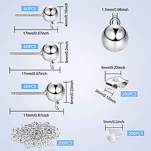 780 Pieces 3 Sizes Ball Post Earring Studs with Loop 4 mm 5 mm 6 mm Round Ball Earring Posts, Butterfly Earring Backs, Silicone Clear Earring Backs, Open Jump Rings for DIY Jewelry (Silver)