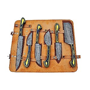 Custom Handmade Damascus Chef Knives Set/Kitchen Knives 6 Pieces Set SS-17321 (Yellow Resin) (Yellow ans Black)