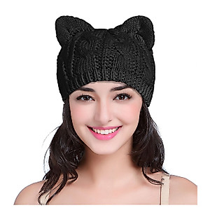 V28 Women Men Girls Boys Teens Cute Cat Ear Knit Cable Xmas Hat Cap Beanie Kittenear Black Medium