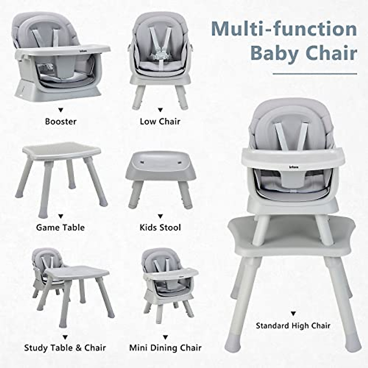 INFANS 8 in 1 Baby High Chair, Convertible Highchair for Babies and Toddlers, Infant Dining Booster Seat, Building Block Table, Kids Stool Table Chair Set with Removable Tray (Grey)