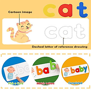 Wooden Toddler See and Spelling Learning Toy Matching Alphabet Word Game with 56 Different Words on 28 Two-Sided Cognitive Cards Letter Jigsaw Puzzle Toys for Kid’s Montessori Preschool Education