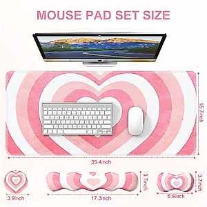 iLeadon Keyboard Mouse Pad Set, Large Gaming Mouse Pad + Keyboard Wrist Rest + Mouse Pad with Wrist Support + Coaster, Easy Typing Pain Relief, Desk Mat Set, Valentines Day Gifts for Her, Pink Heart