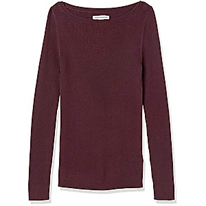 Amazon Essentials Women's Lightweight Ribbed Long-Sleeve Boat Neck Slim-Fit Sweater, Burgundy, Large