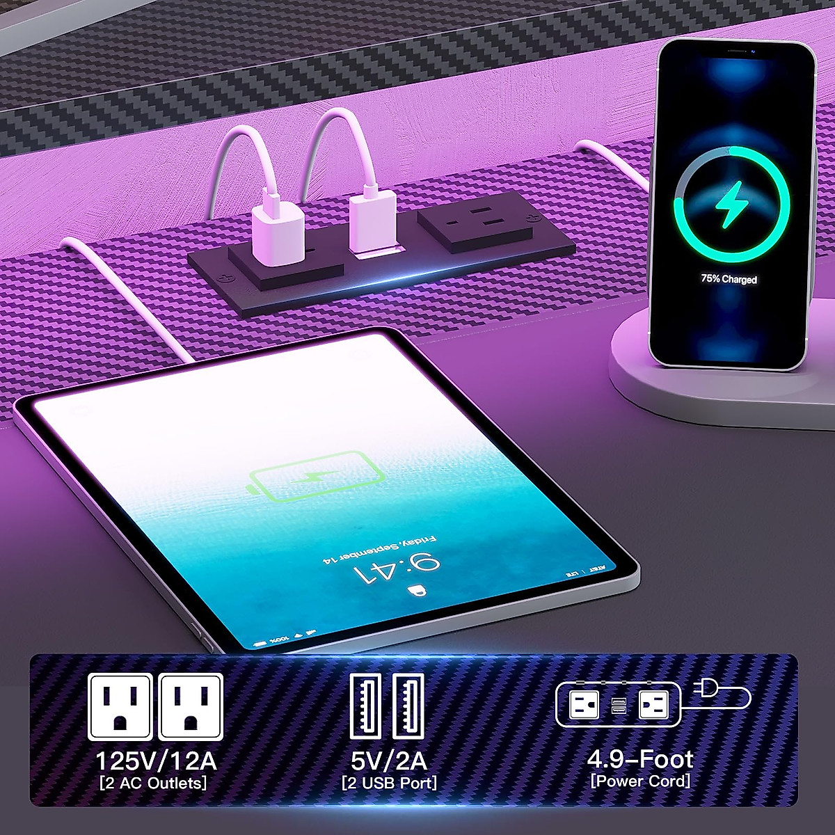 SEDETA 79" Gaming Desk, Computer Desk with 2 Fabric Drawers & LED Light, L Shaped Gaming Desk with Storage Shelf for Home Office, Carbon Fiber Black