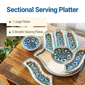KAMSAH Plate Set & Serving Platter, Custom Hand-Painted Ceramic Appetizer Hamsa Tray Serving Dishes for Celebrations, Parties and Events (Hand - Large, Turquoise)