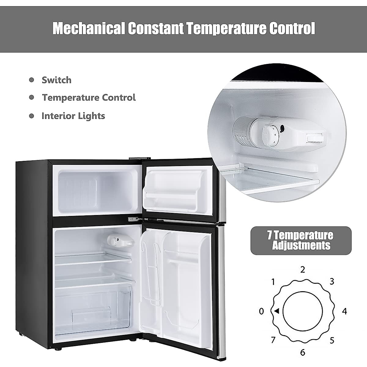 ARLIME Mini Fridge with Freezer, 3.2 Cu. Ft, Compact Refrigerator w/Double Reversible Door, Removable Glass Shelves, Adjustable Thermostat, Low Noise, Small Refrigerator for Dorm Office Bedroom, Grey